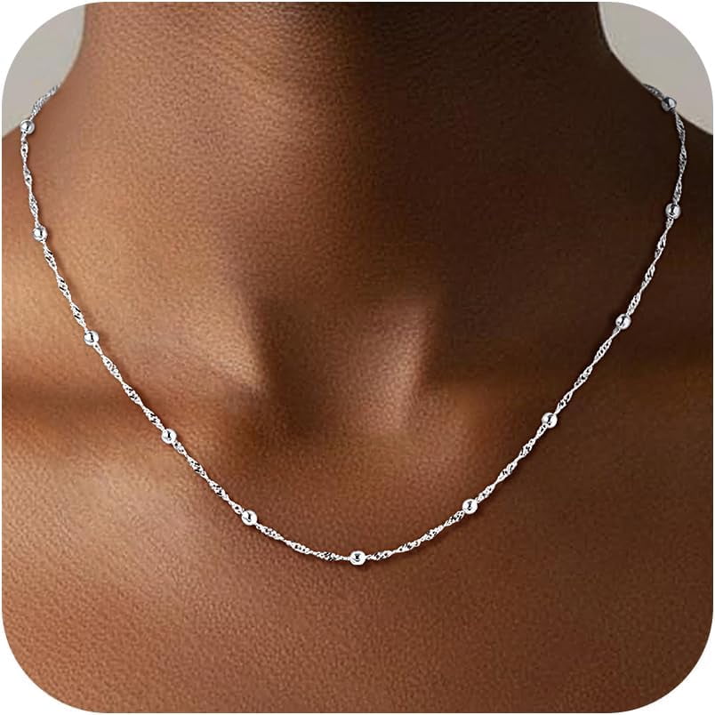 925 Sterling Silver Chain for Women, 1.5mm Singapore Chain with Bead ...