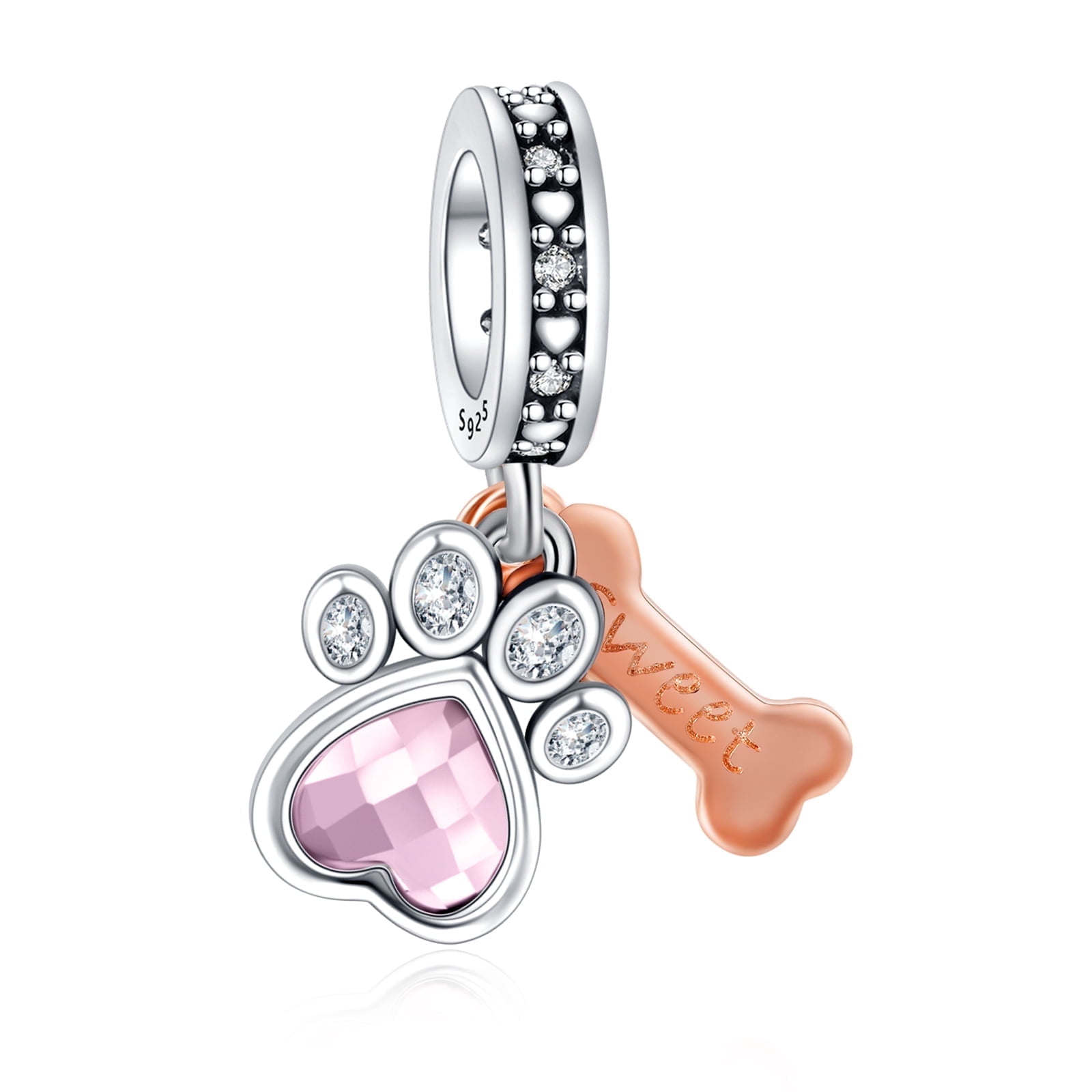 925 Sterling Silver Two Tone Sweet Paw & Bone Dangle Charms for Pandora ...