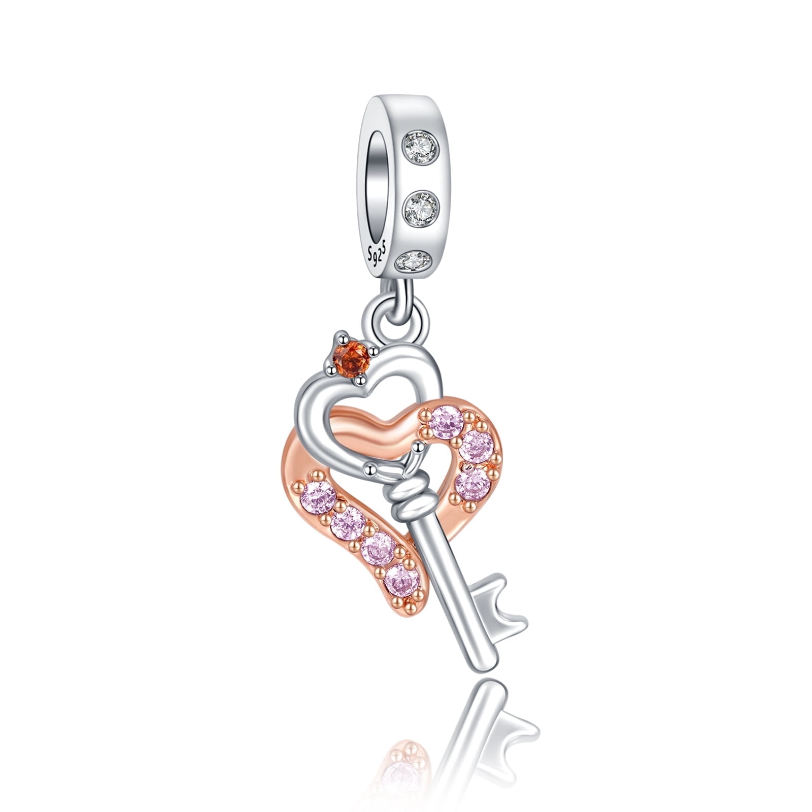 925 Sterling Silver Charm for Bracelets Roes Gold Love Heart Key Charm ...