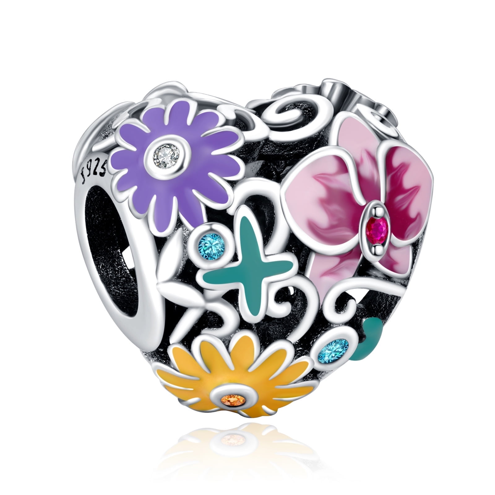 925 Sterling Silver Color Flowers Heart Charm for Bracelet Necklace ...