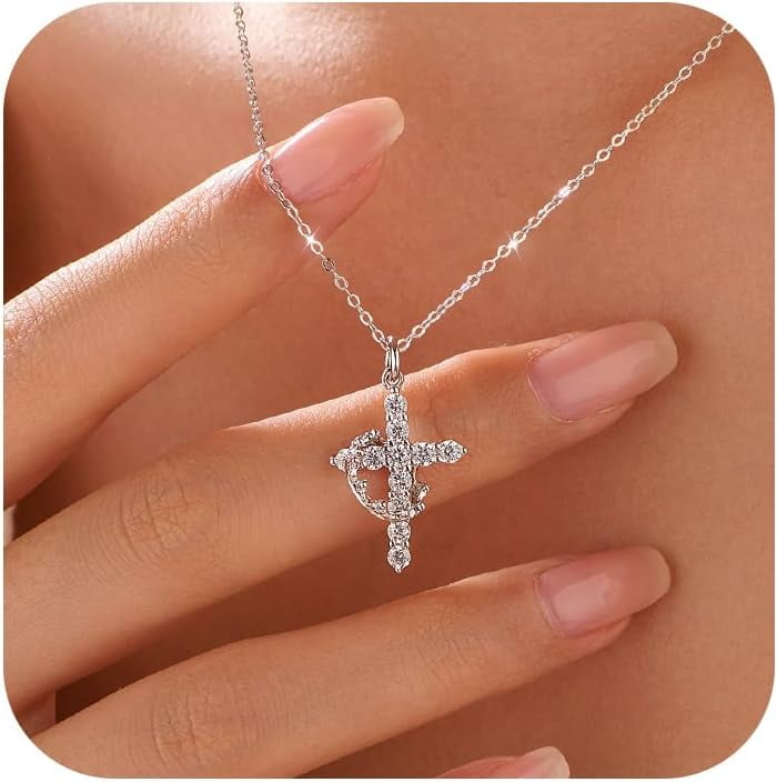 925 Sterling Silver Cross with Crown Necklace for Women Cubic Zirconia Pendant Necklaces ...