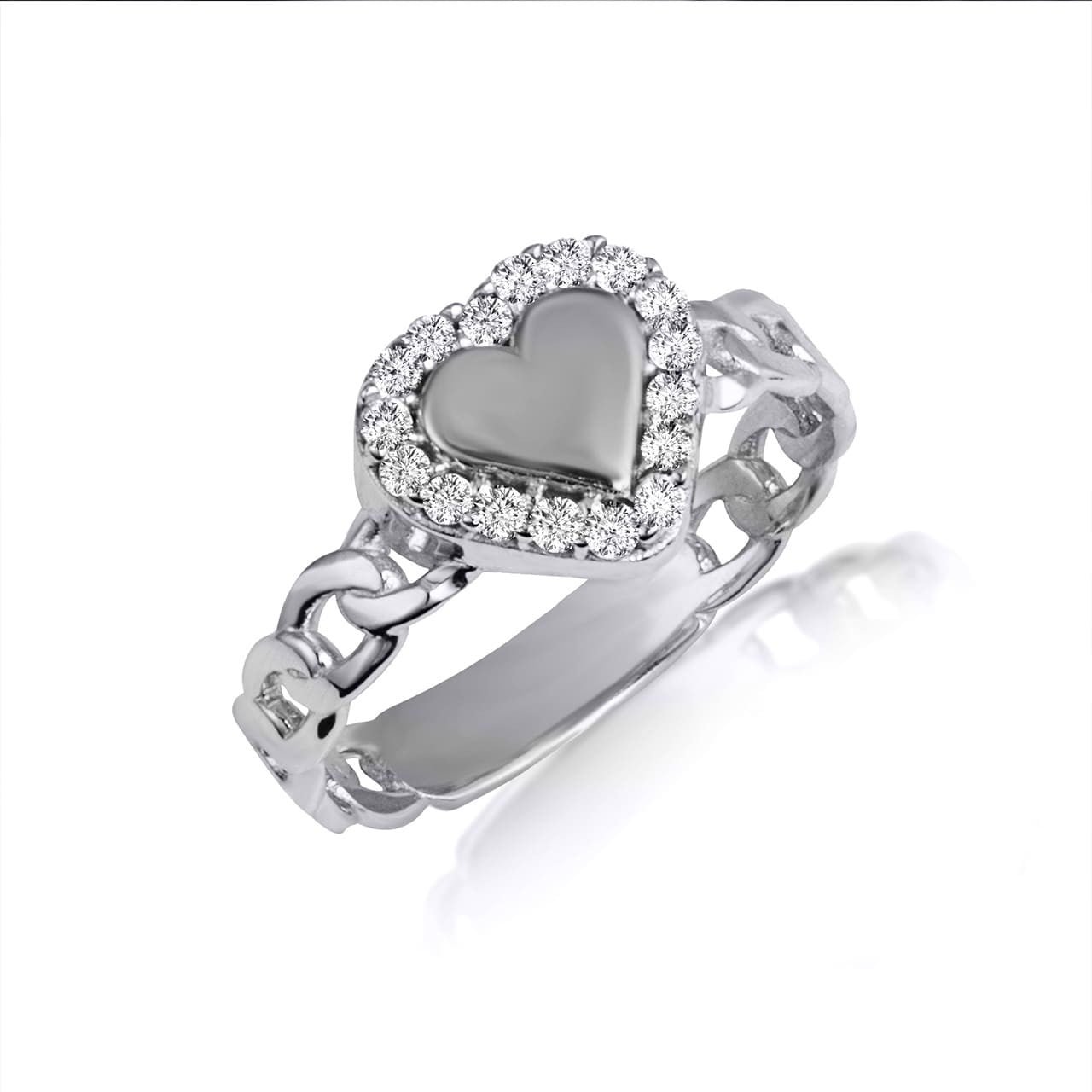 925 Sterling Silver Cubic Zirconia Heart Halo Cuban Chain Link Ring ...
