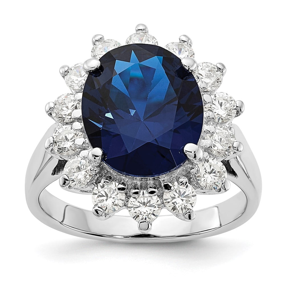 925 Sterling Silver Cubic Zirconia and Created Dark Blue Spinel Ring ...