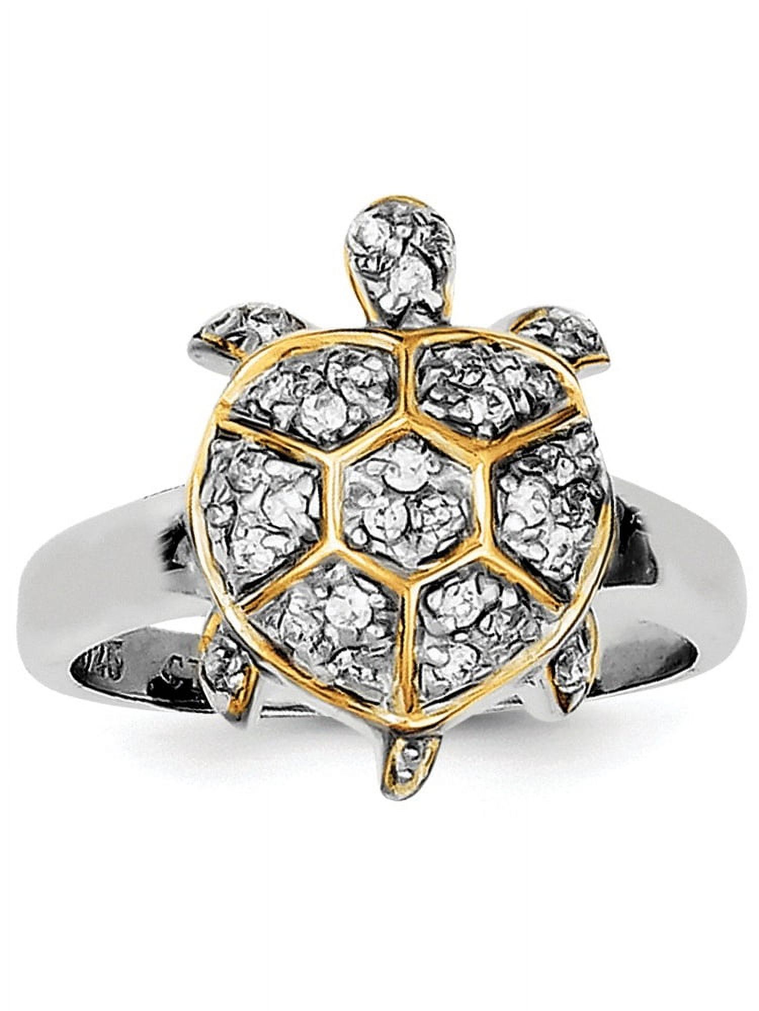 925 Sterling Silver Cubic Zirconia and Flash Gold-Plated Turtle Ring ...