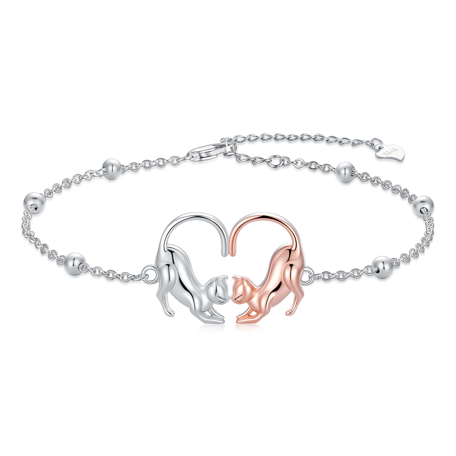 925 Sterling Silver Cute 2 Cats Link Adjustable Bracelet Birthday ...