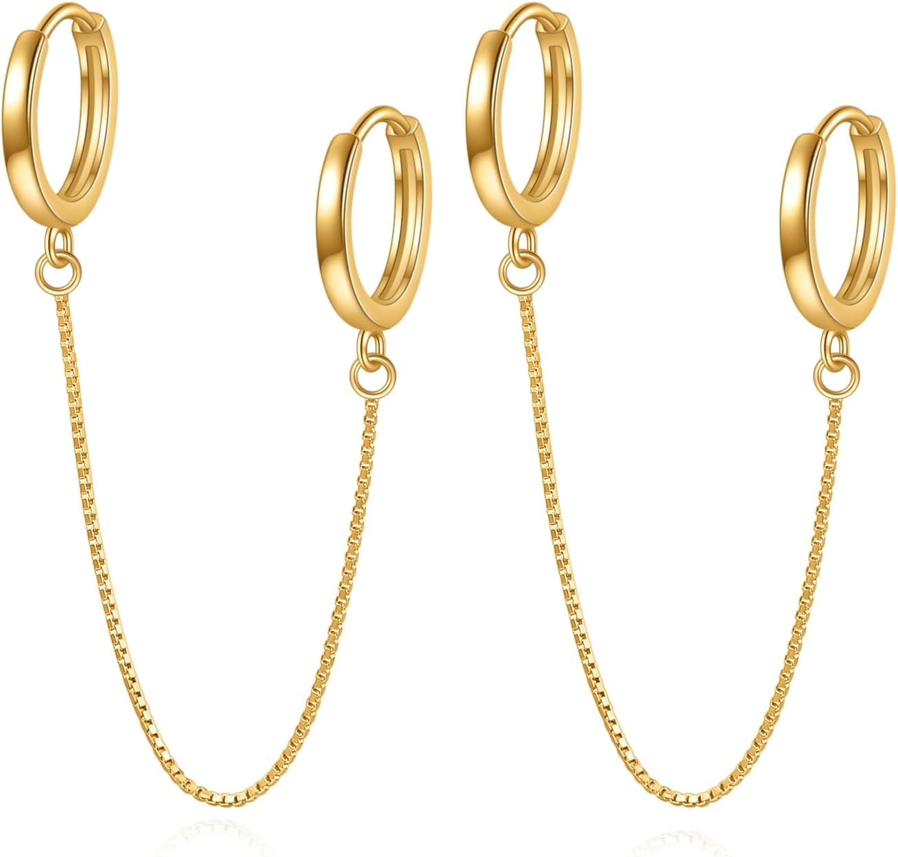 925 Sterling Silver Double Hoop Chains Earrings Double Piercing for ...