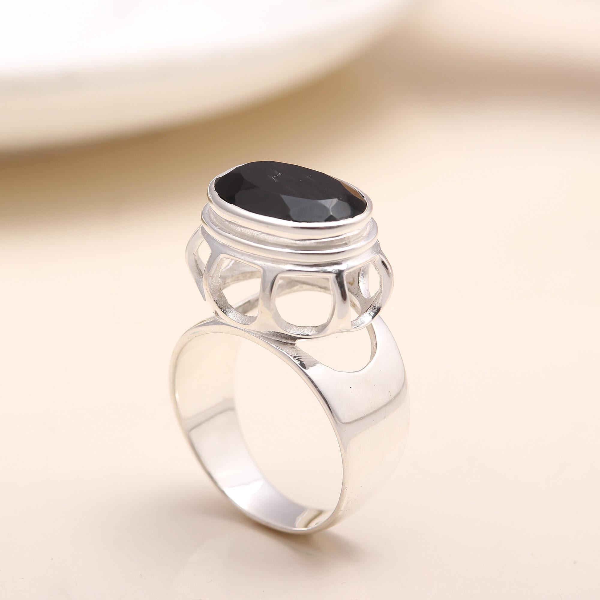 AG 925 Jewellery Faceted Black Onyx Statement Ring, 925 Sterling Silver ...
