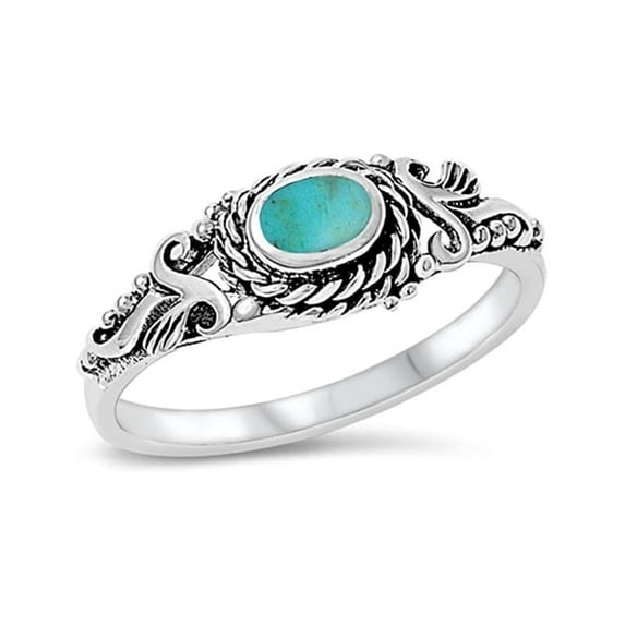925 Sterling Silver Filigree Design Oval Turquoise Vintage Inspired Oxidized Women Stackable ...