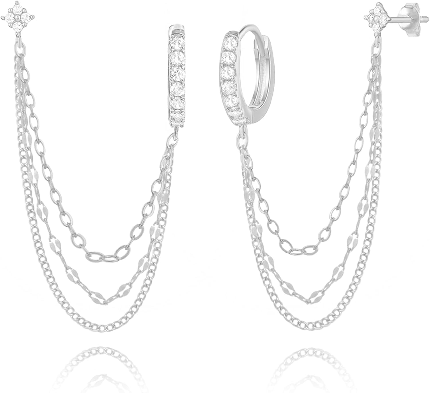 925 Sterling Silver Four Zircons Flower Stud Double Piercing Chain ...
