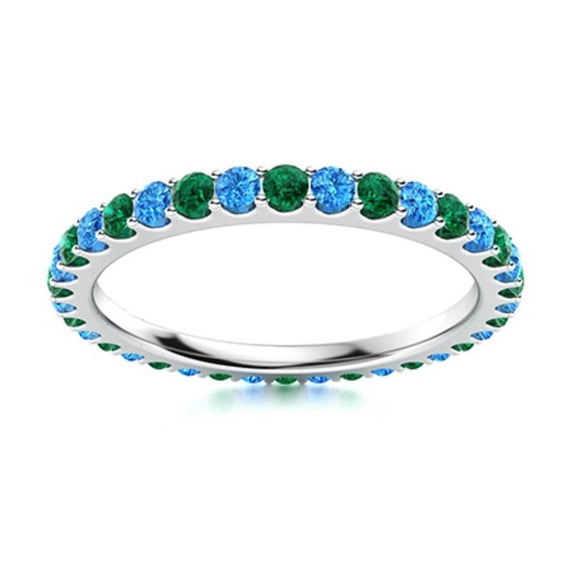 925 Sterling Silver Full Eternity 2MM Round Swiss Blue Topaz & Emerald ...