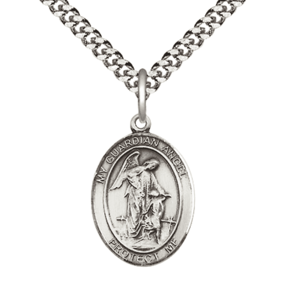 .925 Sterling Silver Guardian Angel Medium Medal Pendant on 24 Inch ...