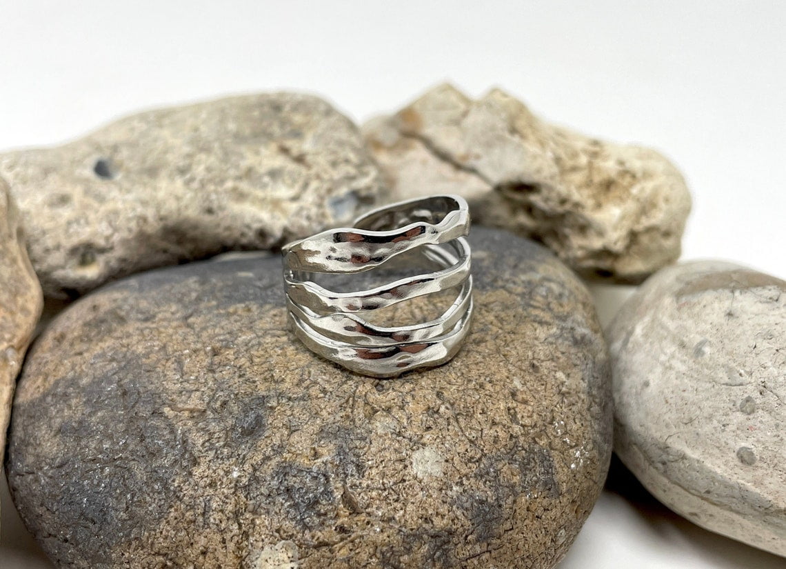 925 Sterling Silver Hammered Thick Statement Ring - Multi-Layer Chunky ...
