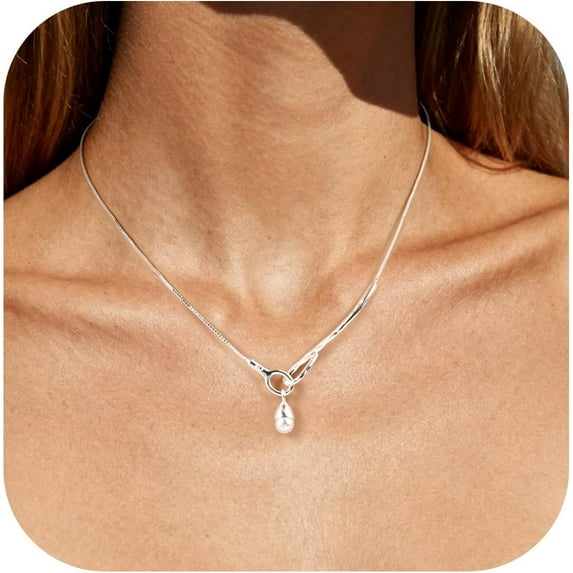 925 Sterling Silver Hook Pearl Necklace for Women-Unique Simulated ...