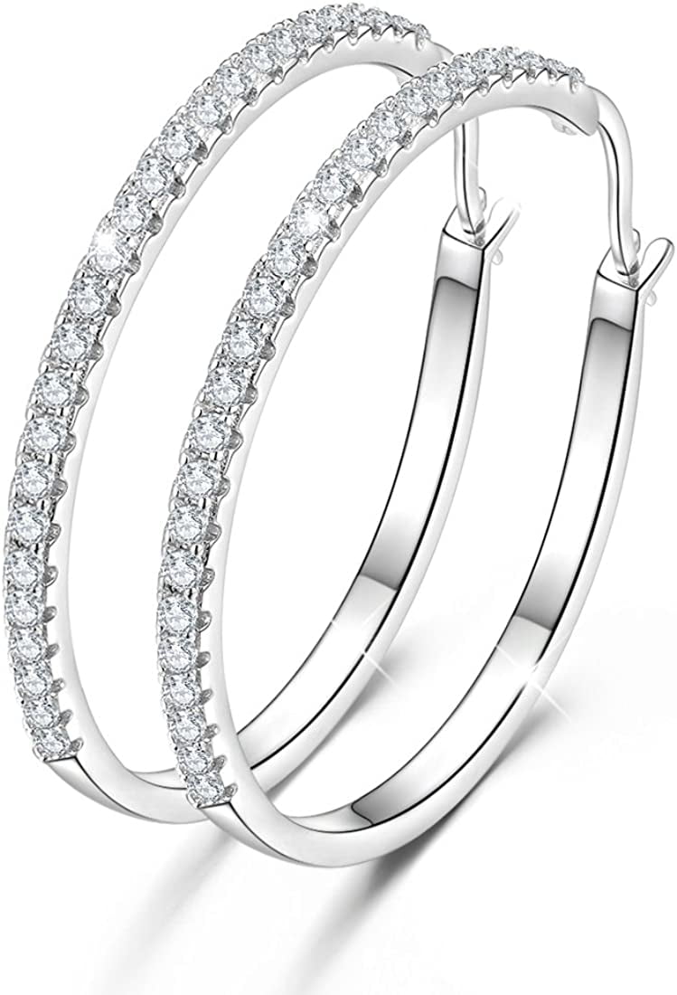 925 Sterling Silver Hoops Big Round Loops Earrings Paved Zircon Halo CZ ...