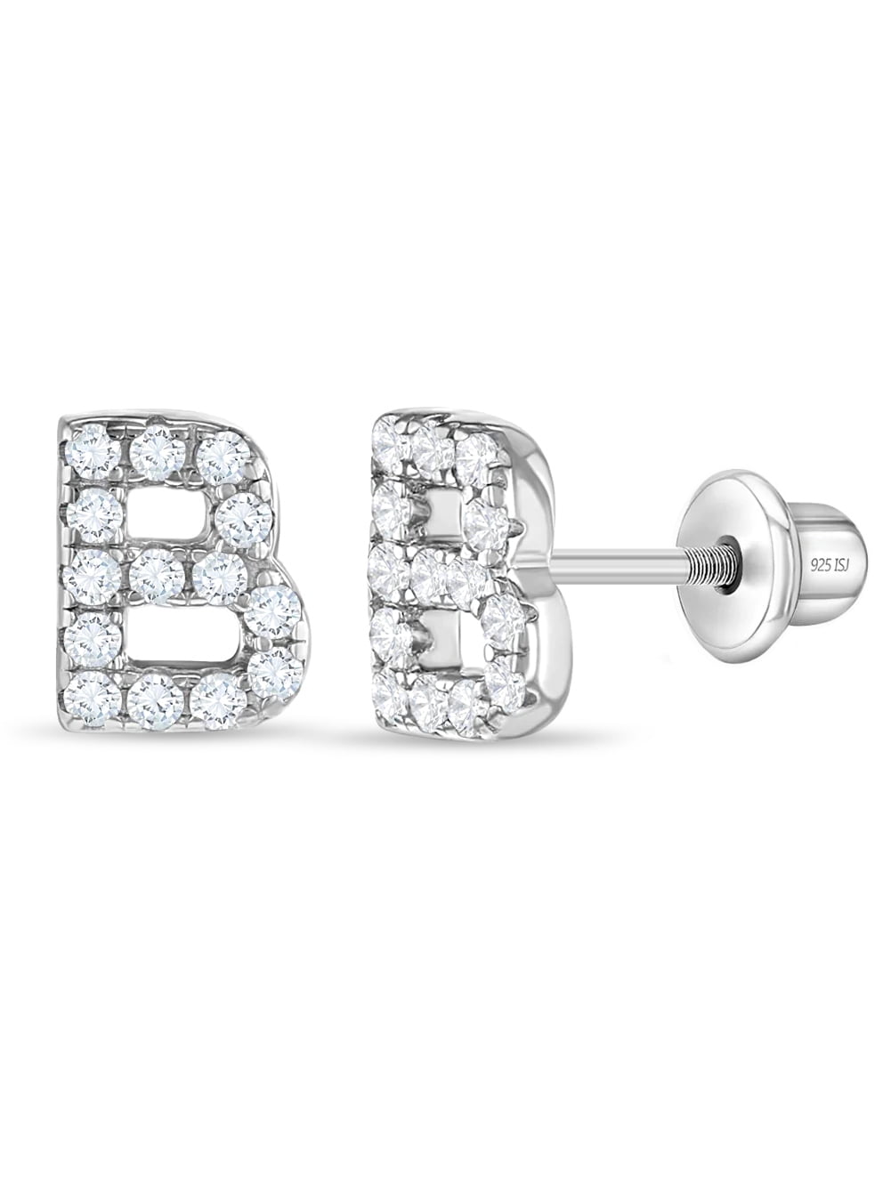 925 Sterling Silver Initial "B" Clear CZ Alphabet Screw Back Earrings ...