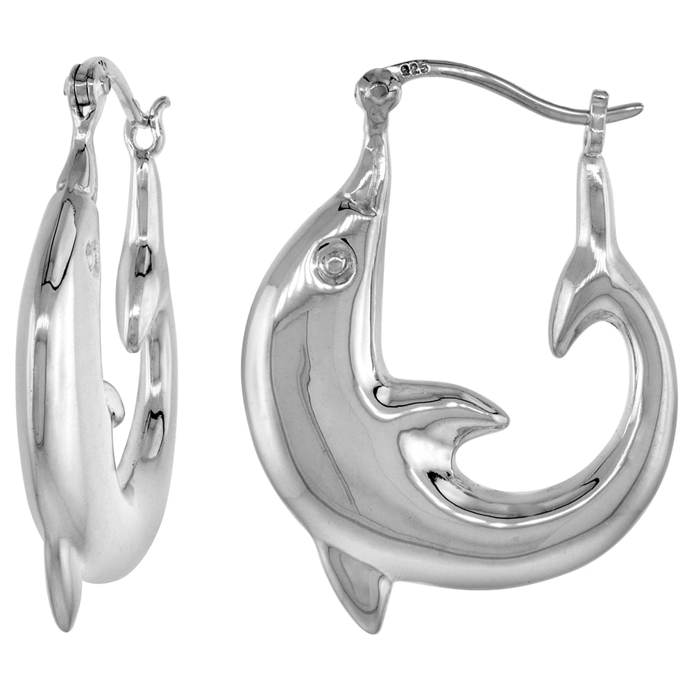 925 Sterling Silver Italian High Polished Medium Dolphin Hoop Earrings ...
