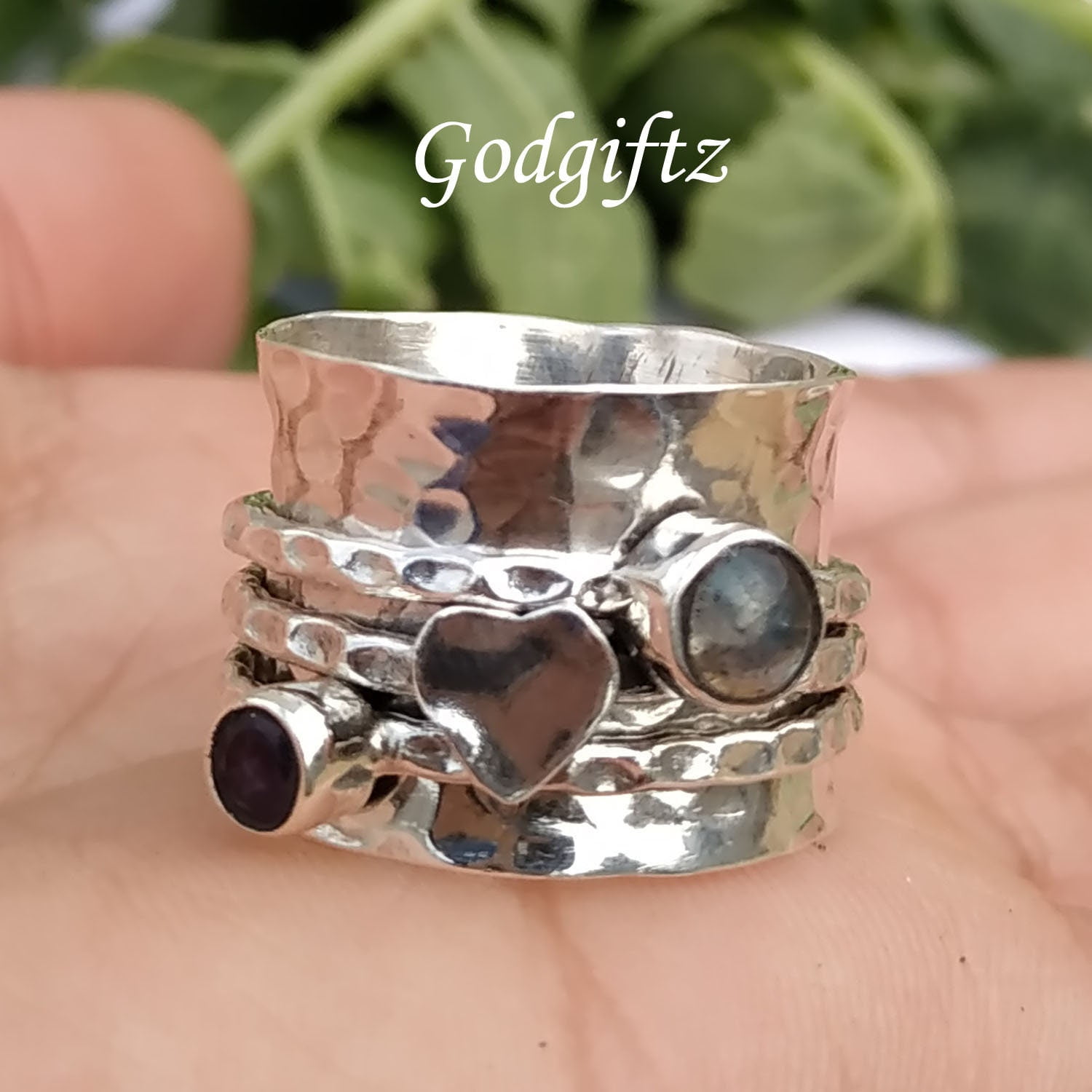 925 Sterling Silver Labradorite Heart Spinner Ring, Handcrafted Gemstone Band, Unique Meditation ...