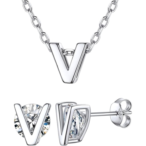 925 Sterling Silver Letter V Initial Necklace and Cubic Zirconia Letter ...