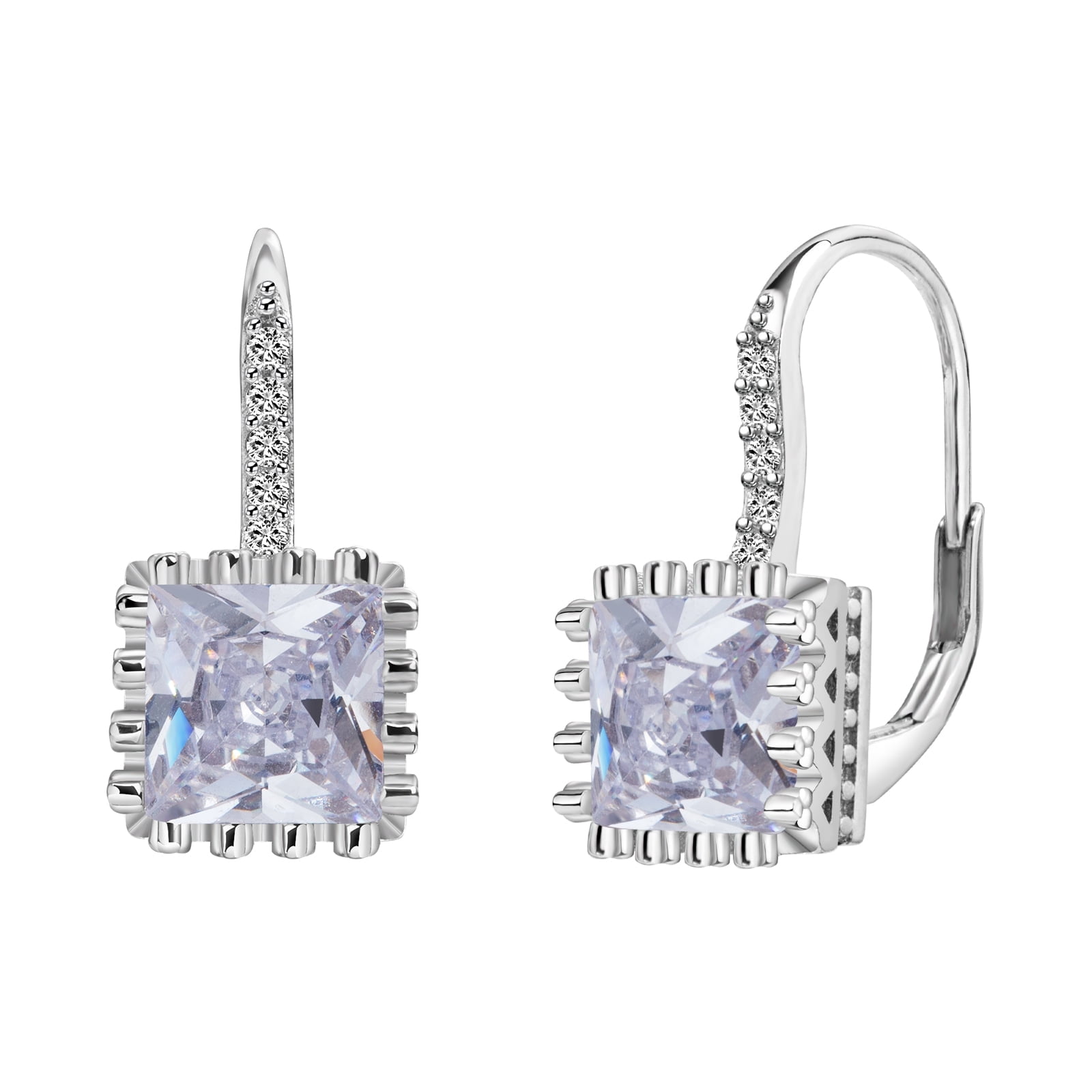 925 Sterling Silver Lever Back Earrings with Princess Cut Cubic ...