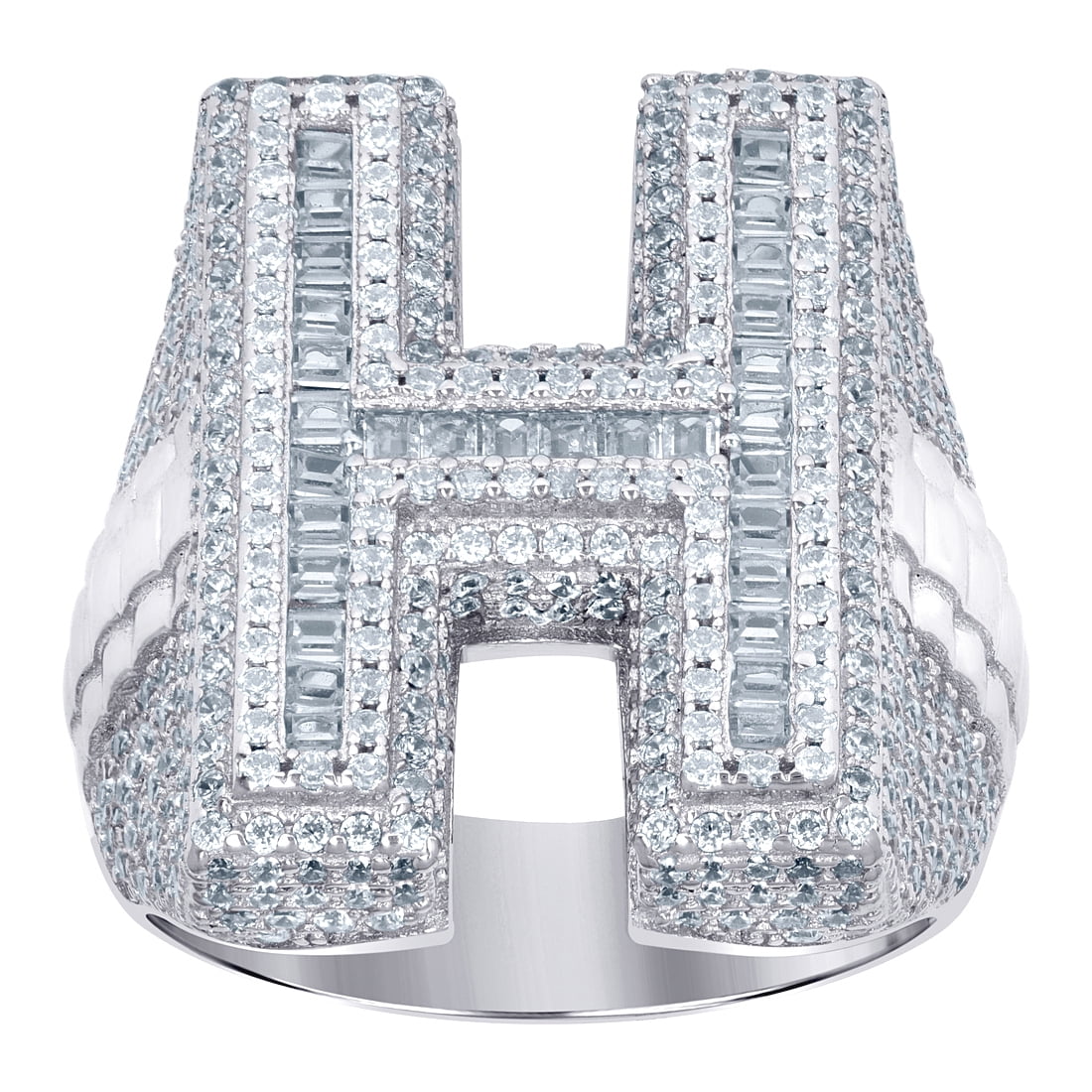 925 Sterling Silver Mens Baguette CZ Simulated Diamond H Alphabet Letter Name Personalized ...
