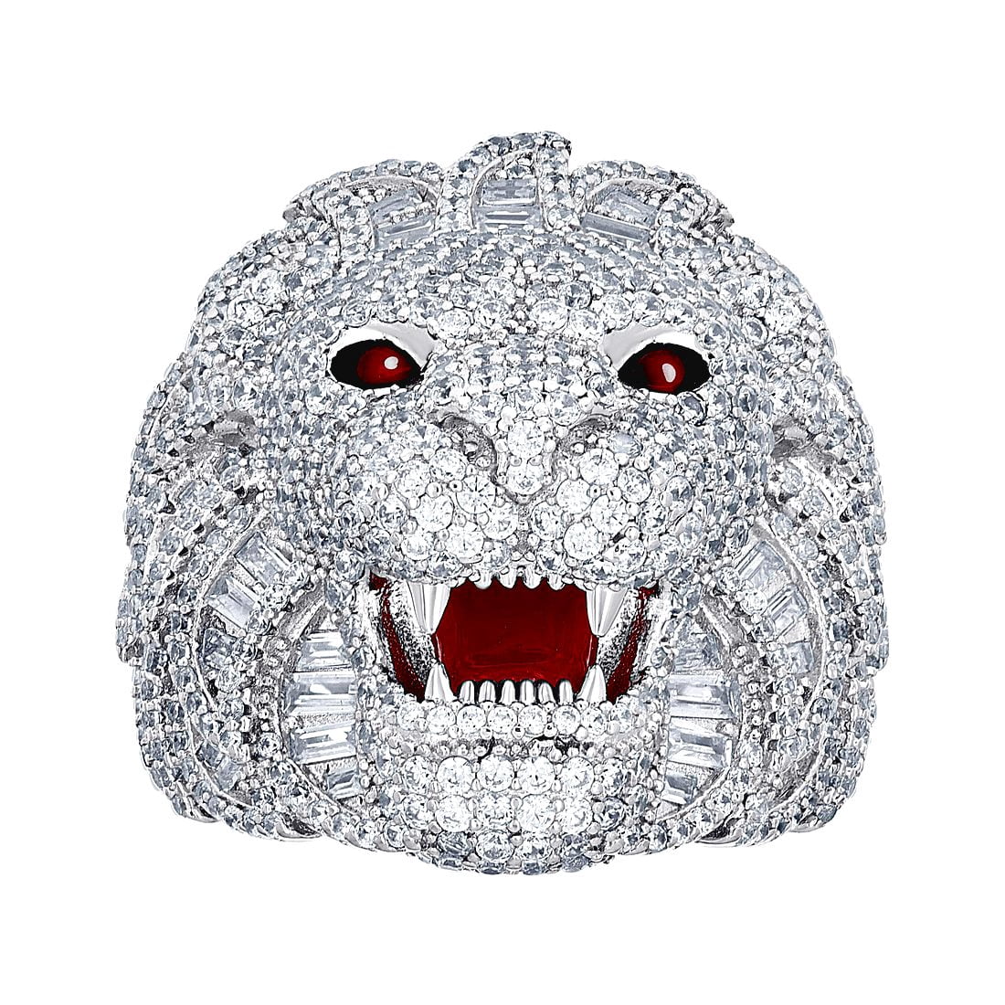 925 Sterling Silver Mens Baguette Round Cubic Zirconia Lion Head ...
