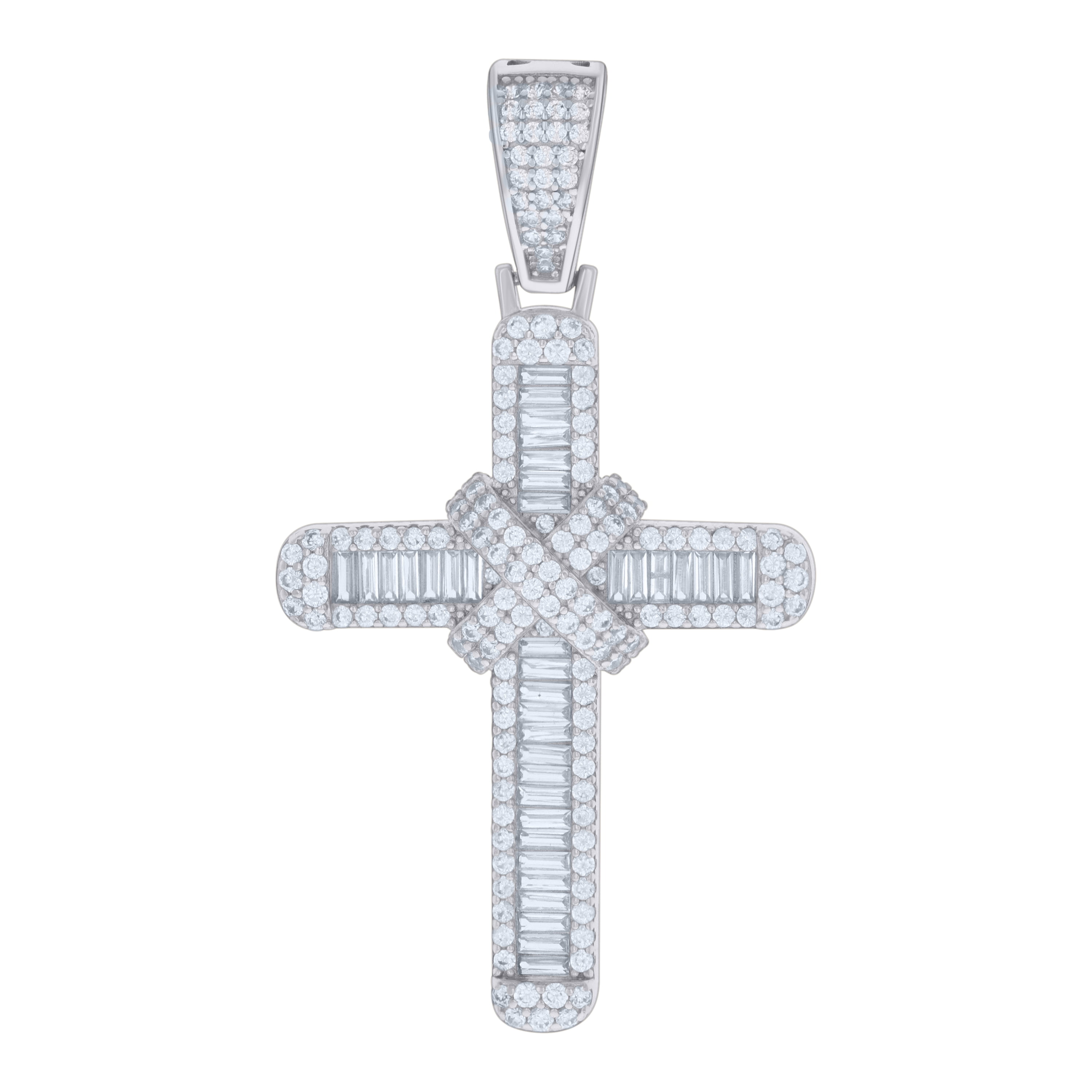 925 Sterling Silver Mens Baguette Round Cubic-Zirconia Cross Religious ...