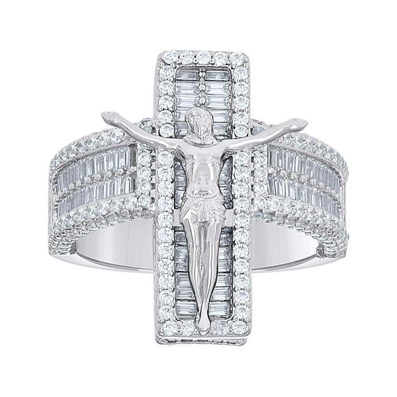 925 Sterling Silver Mens Baguette Round Cubic-Zirconia Crucifix ...