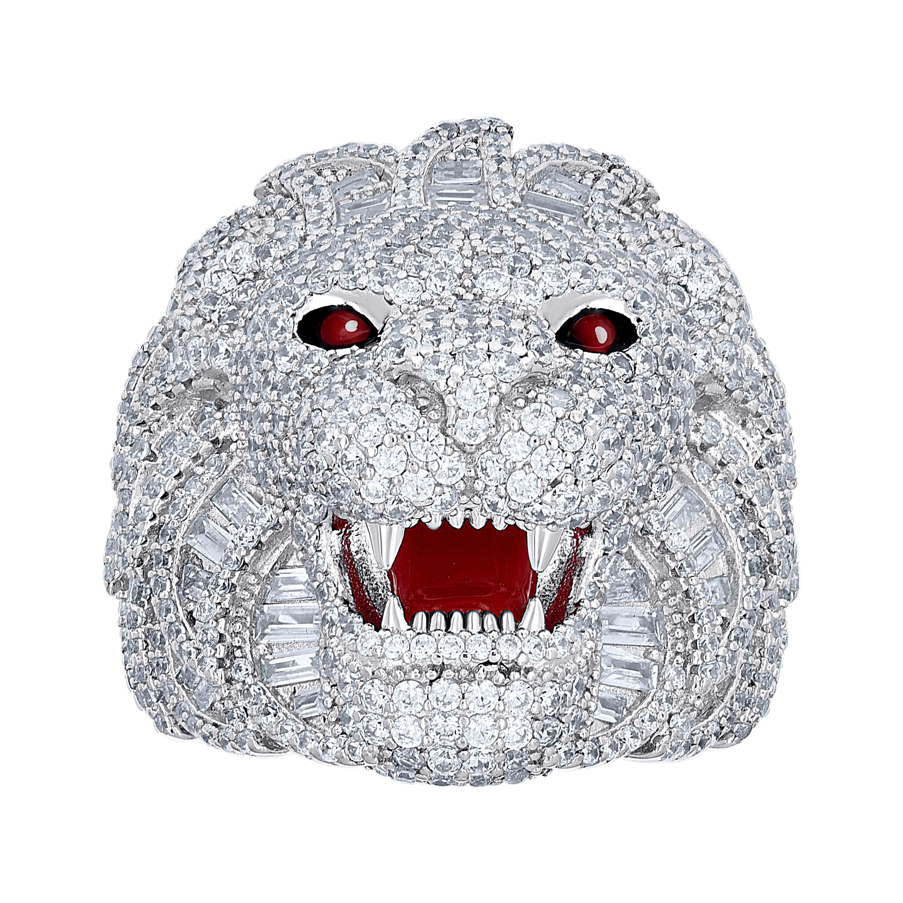 925 Sterling Silver Mens Baguette Round Cubic-Zirconia Lion Head ...