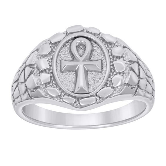 925 Sterling Silver Mens Nugget Egyptian Ankh Cross Religious Ring Size ...