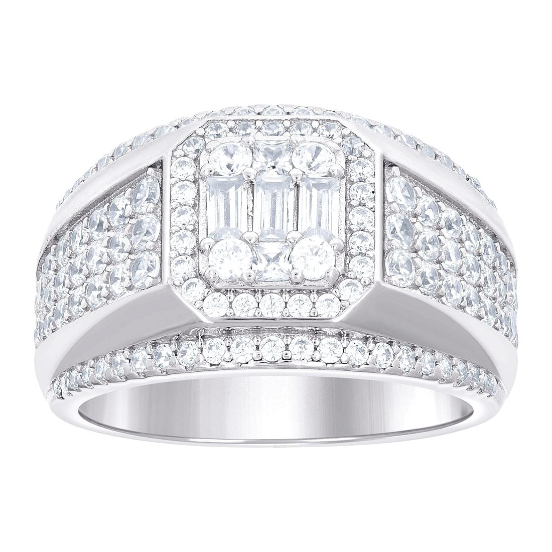 925 Sterling Silver Mens Round Baguette Cubic Zirconia Fashion Ring 14 ...