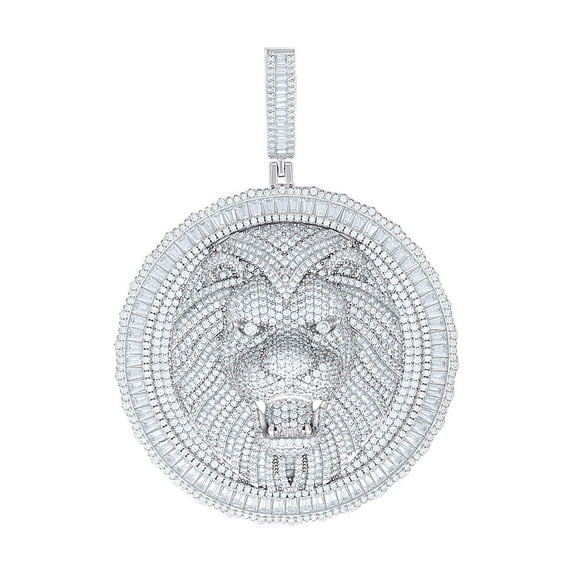 925 Sterling Silver Mens Round Baguette Cubic-Zirconia Lion Head Animal ...