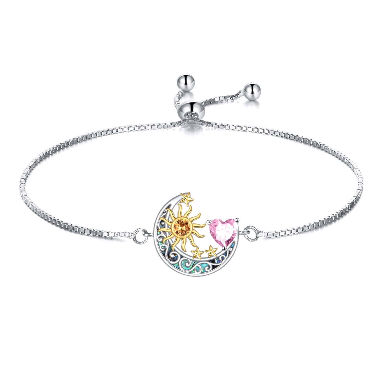 925 Sterling Silver Moon and Sun Star Adjustable Link Bracelet for ...