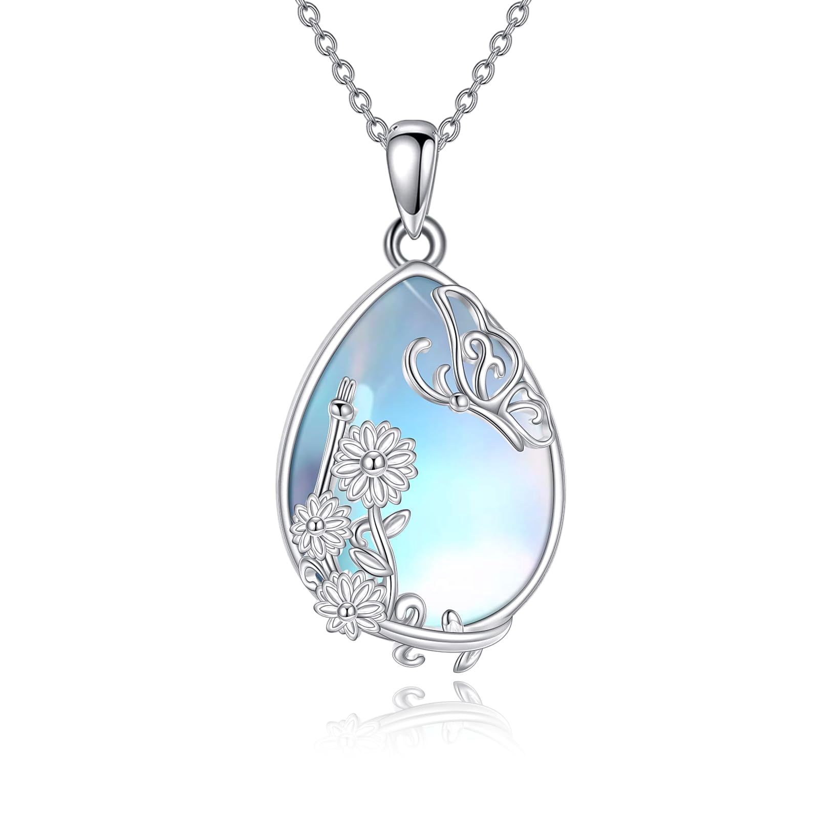925 Sterling Silver Moonstone Necklace Filigree Butterfly Pendant ...