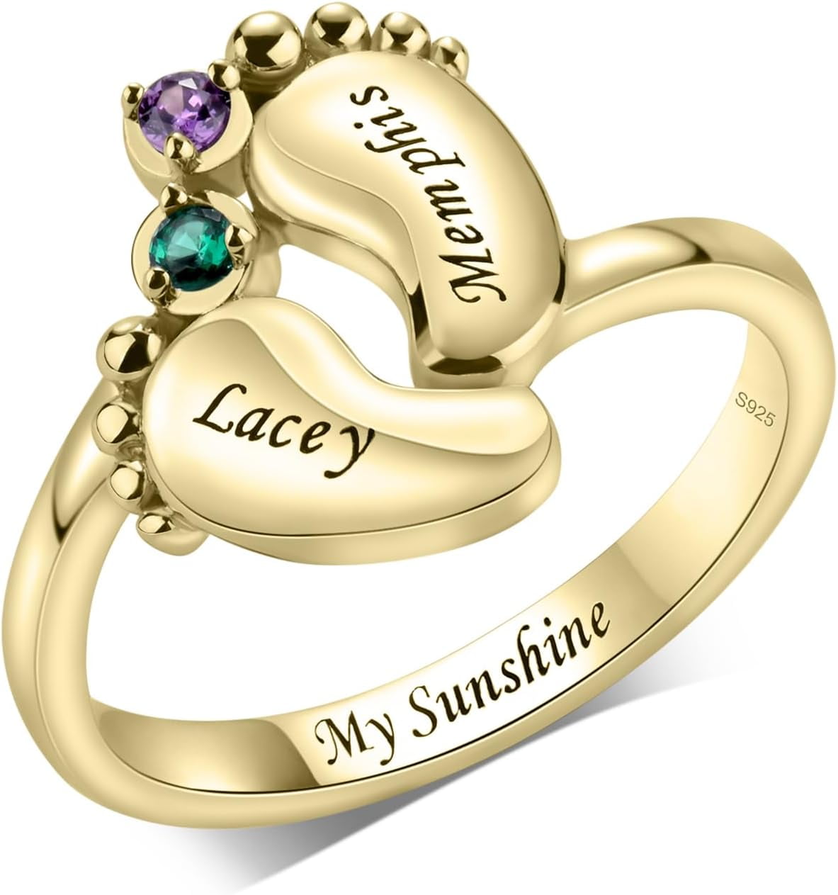 925 Sterling Silver Mothers Rings with 2 Birthstones and Names Personalized Feet Birthstones ...