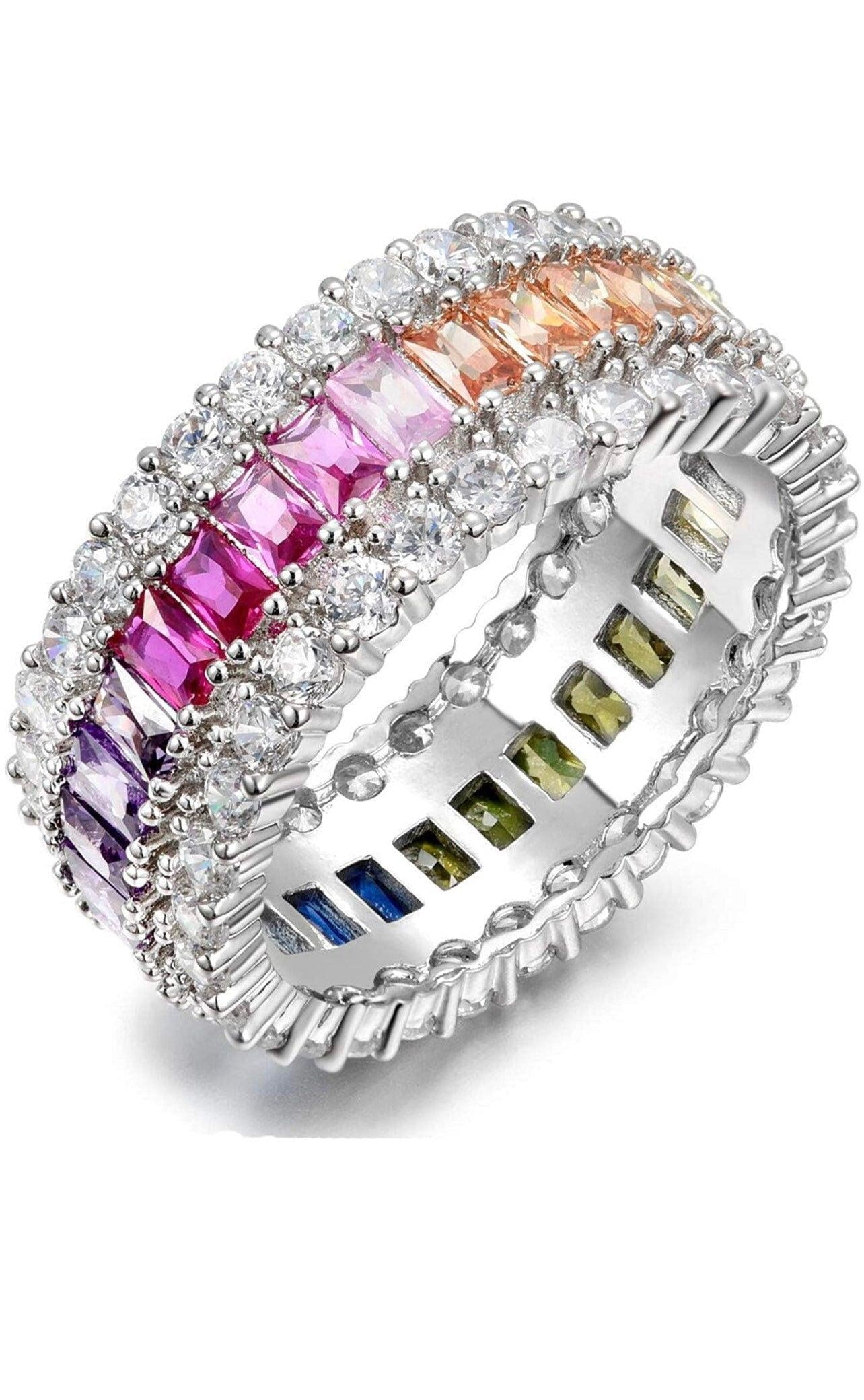 925 Sterling Silver Multi Colored Cubic Zirconia Eternity Band Ring