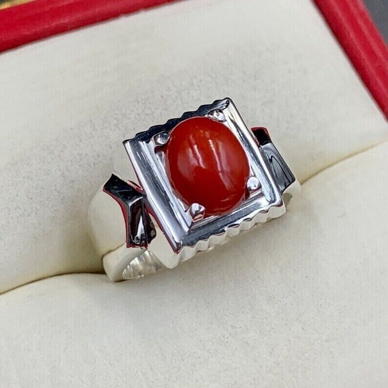 925 Sterling Silver Natural Italian Coral Ring For Men, Red Coral ...
