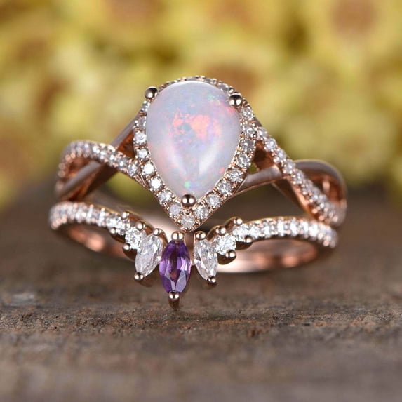 925 Sterling Silver Opal Ring Set, Rose Gold Plated, Purple Amethyst CZ ...