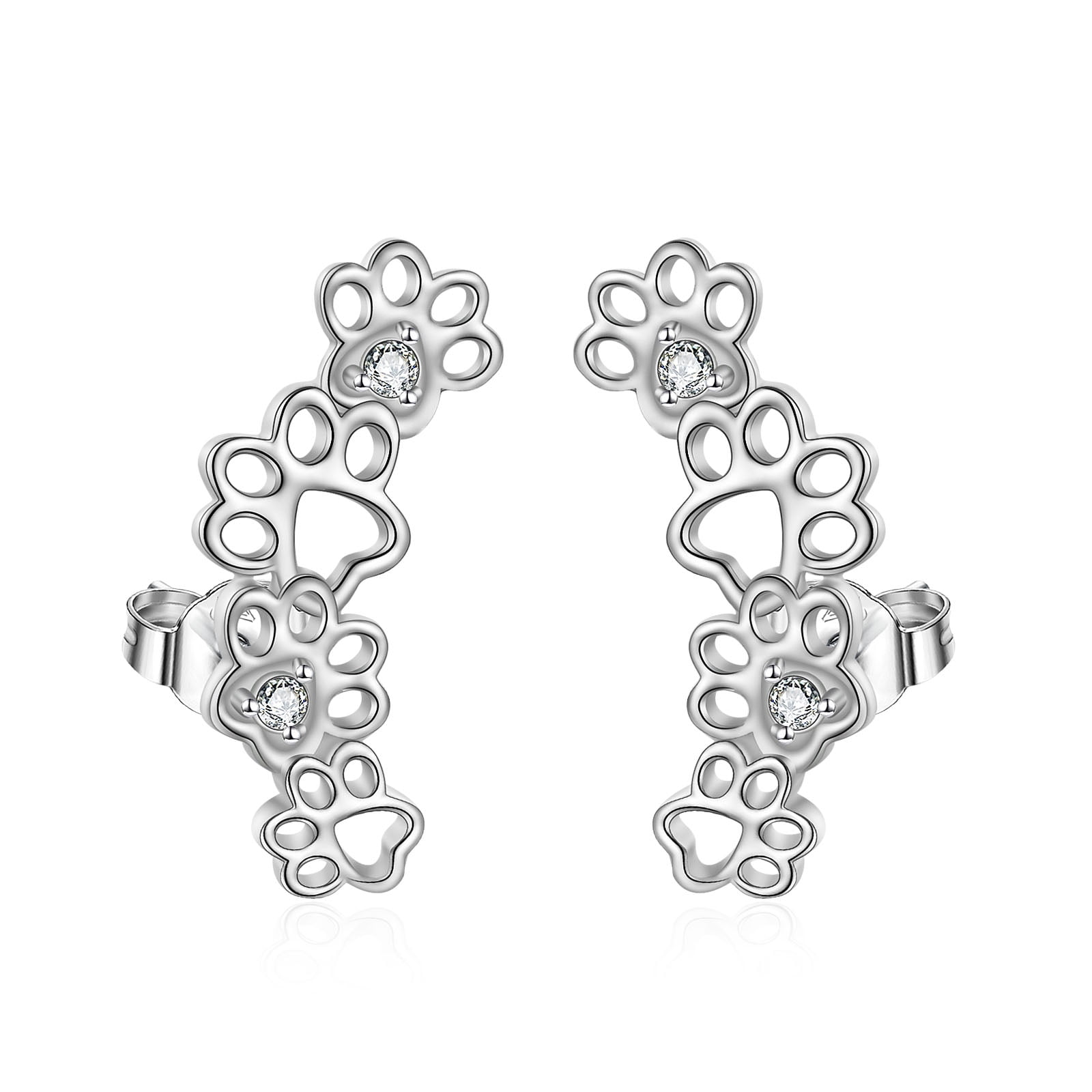 925 Sterling Silver Paw Print Ear Climber Studs for Women Cat Dog Paw ...