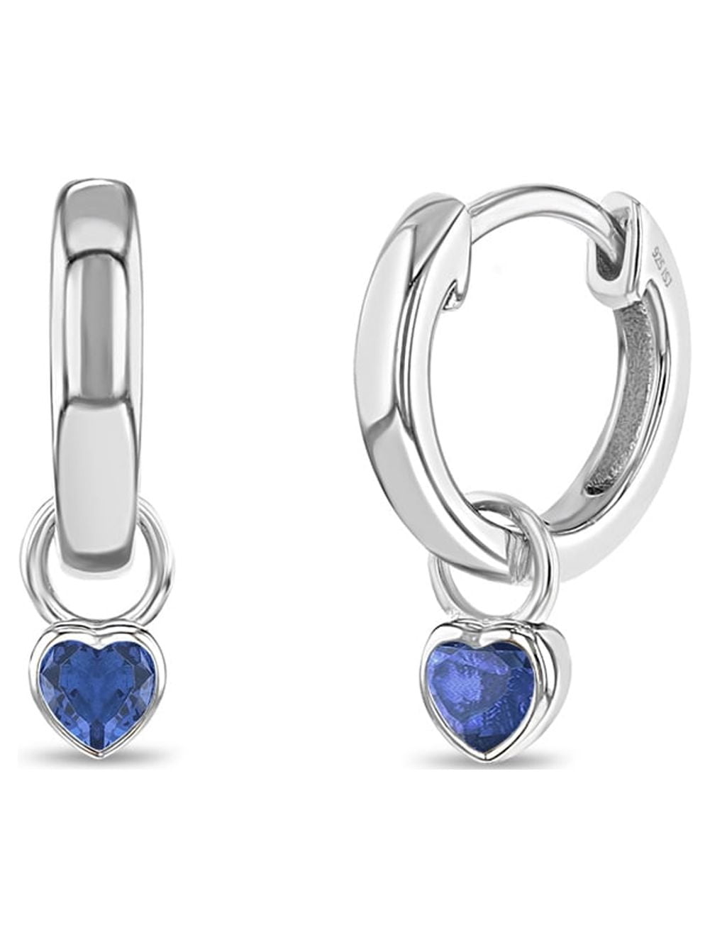 925 Sterling Silver Petite Simulated Sapphire Heart Charm Girls Hoop ...