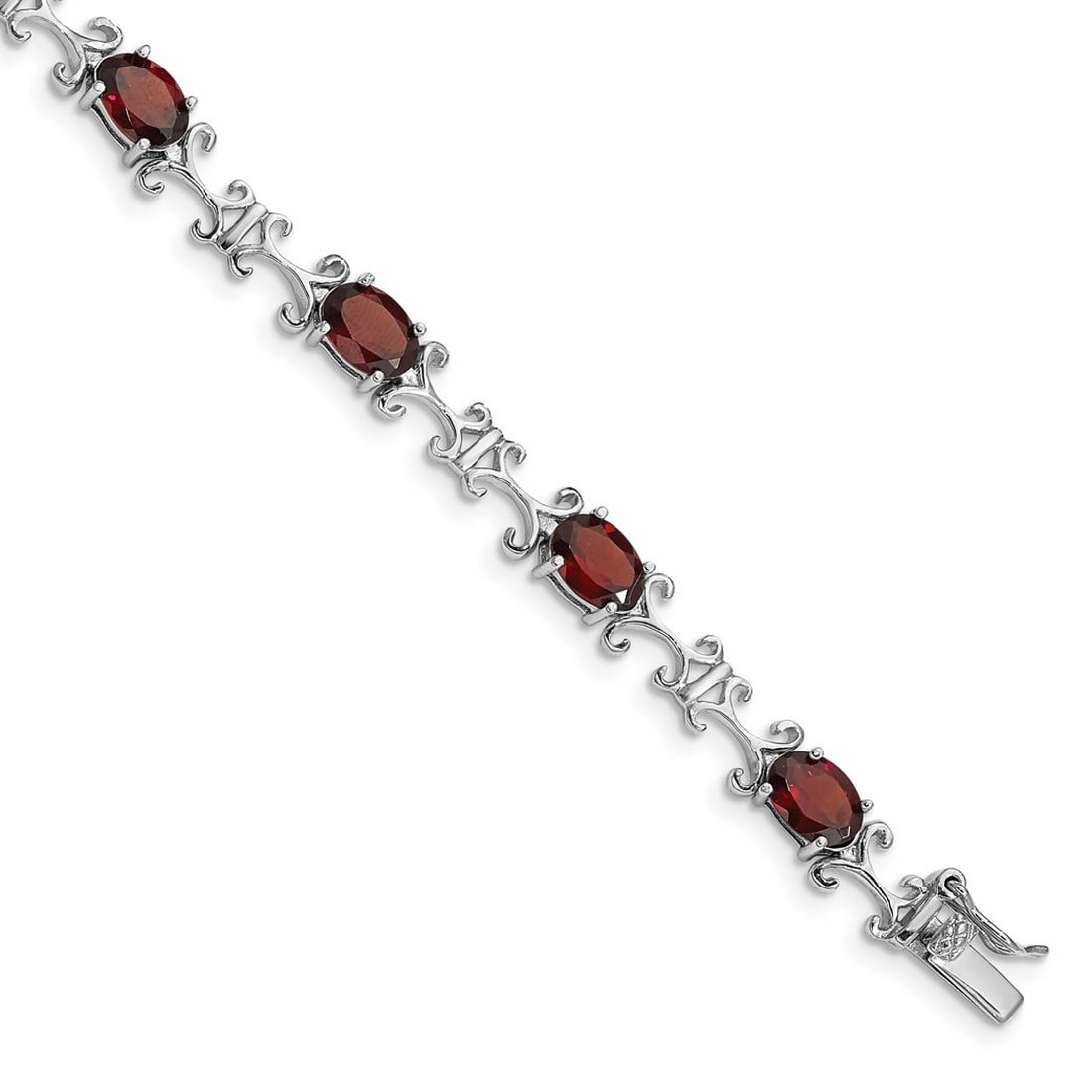 925 Sterling Silver Polished Box Catch Closure Garnet Oval Bracelet 6mm ...