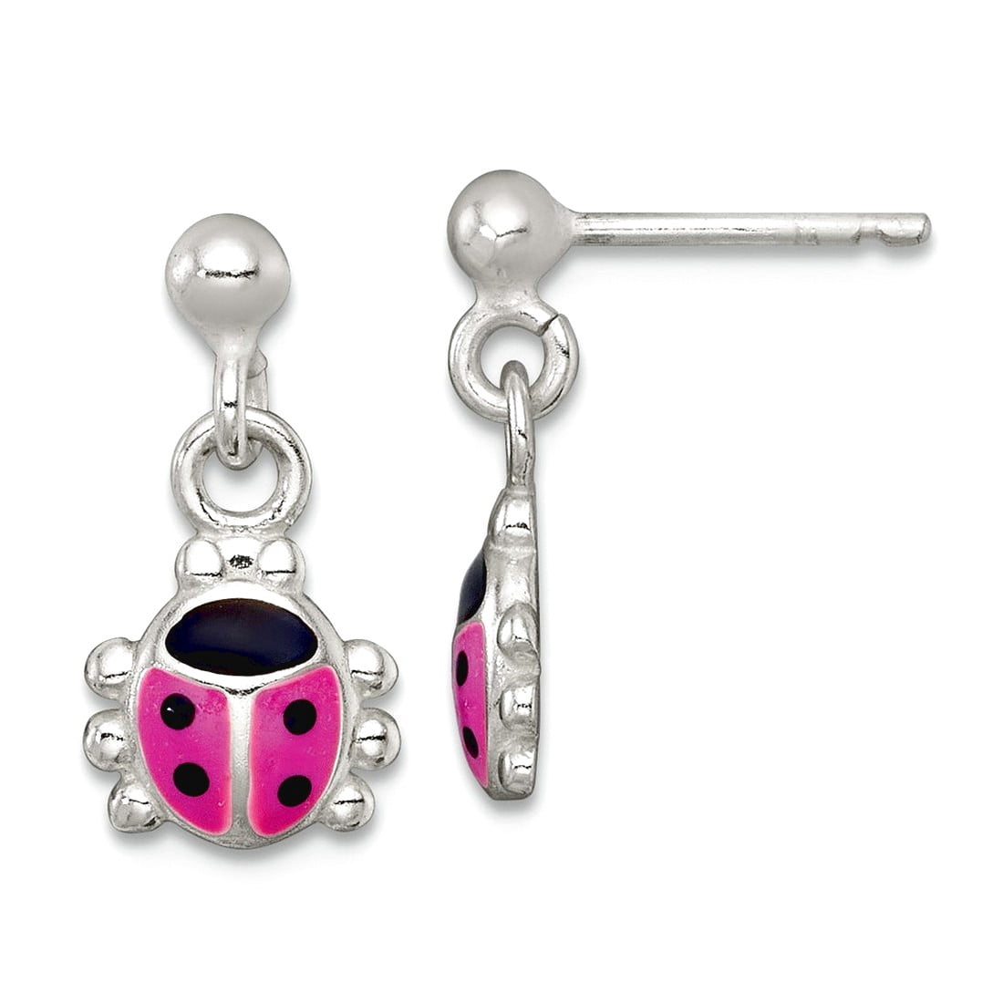925 Sterling Silver Polished Enameled Lady Bug Post Dangle Earrings 14 ...