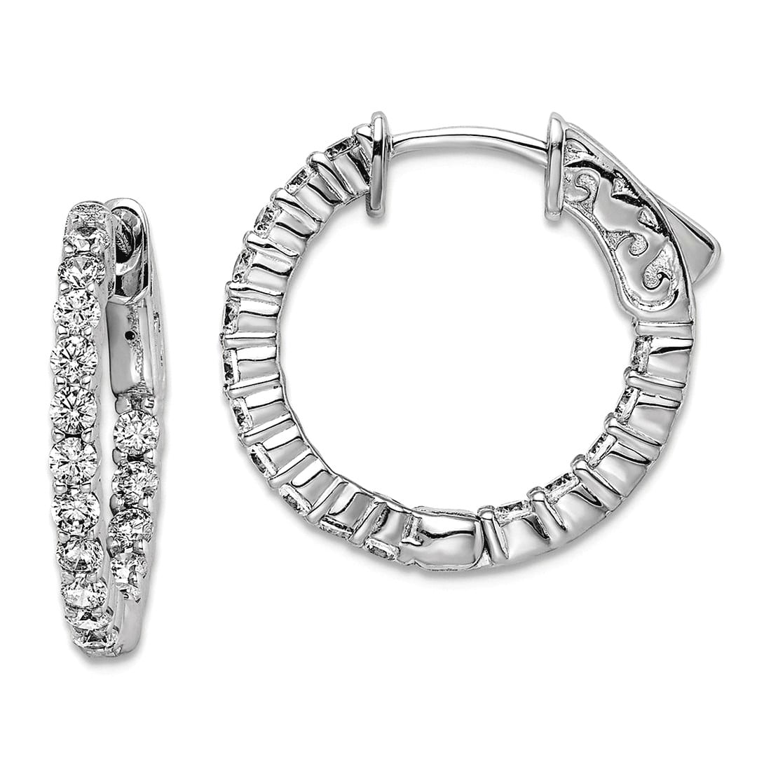 925 Sterling Silver Polished Hinged hoop Safety clasp Cubic Zirconia ...