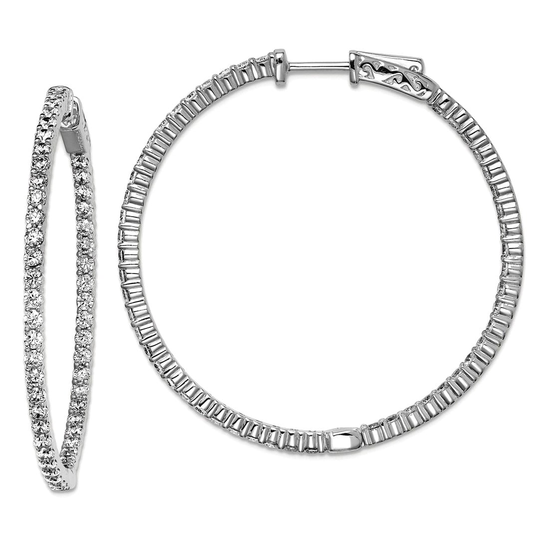 925 Sterling Silver Polished Hinged hoop Safety clasp Cubic Zirconia ...