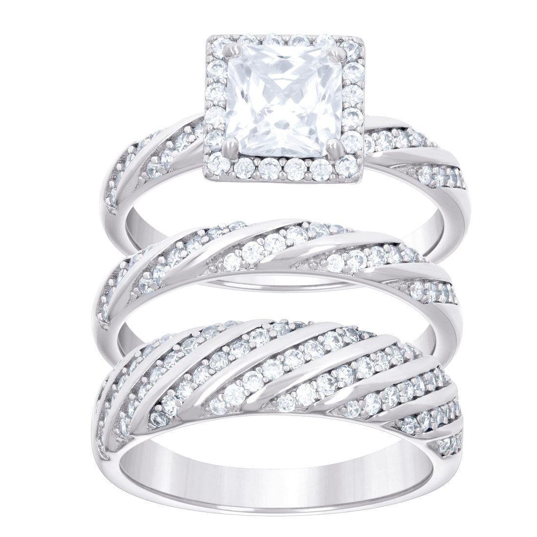 925 Sterling Silver Princess-cut Round Cubic Zirconia His and Hers Trio ...