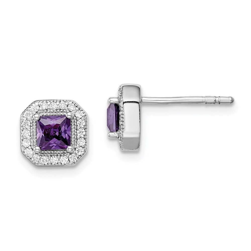 925 Sterling Silver Purple and Clear Cubic Zirconia Post Earrings Fine ...