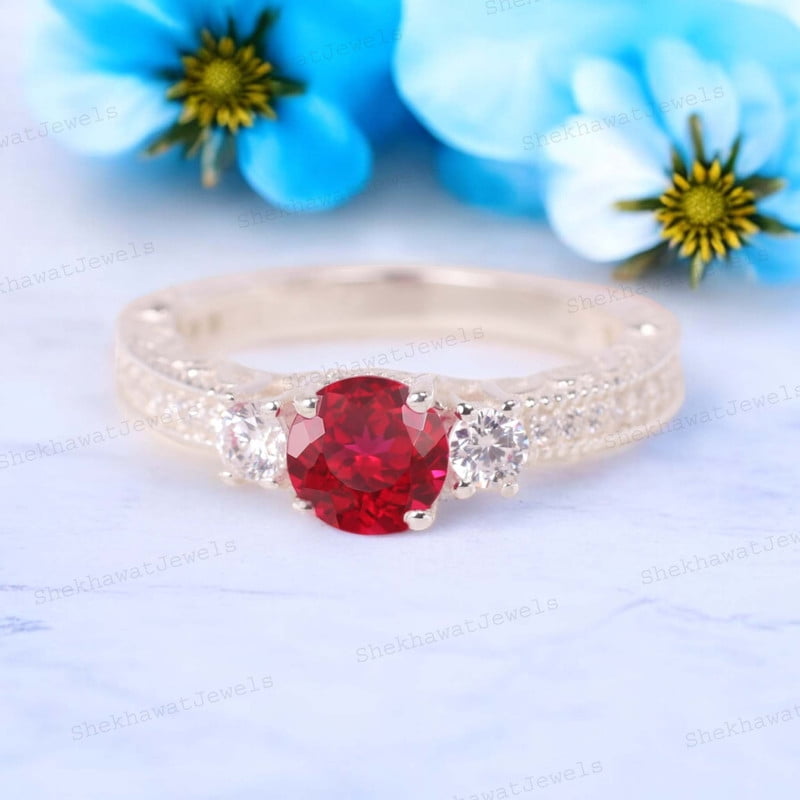 925 Sterling Silver Red Created Ruby Diamond Engagement Ring Pink ...