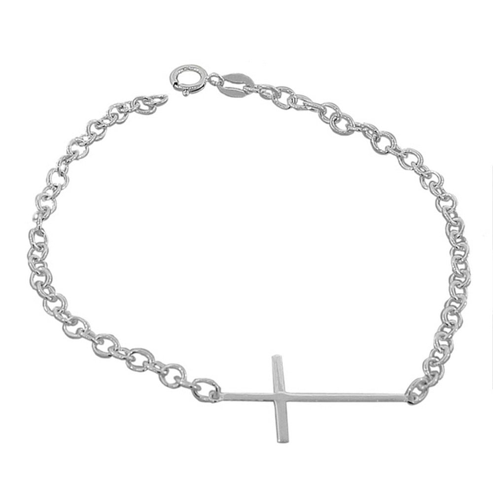 925 Sterling Silver Religious Latin Cross Think Link Chain Bracelet ...