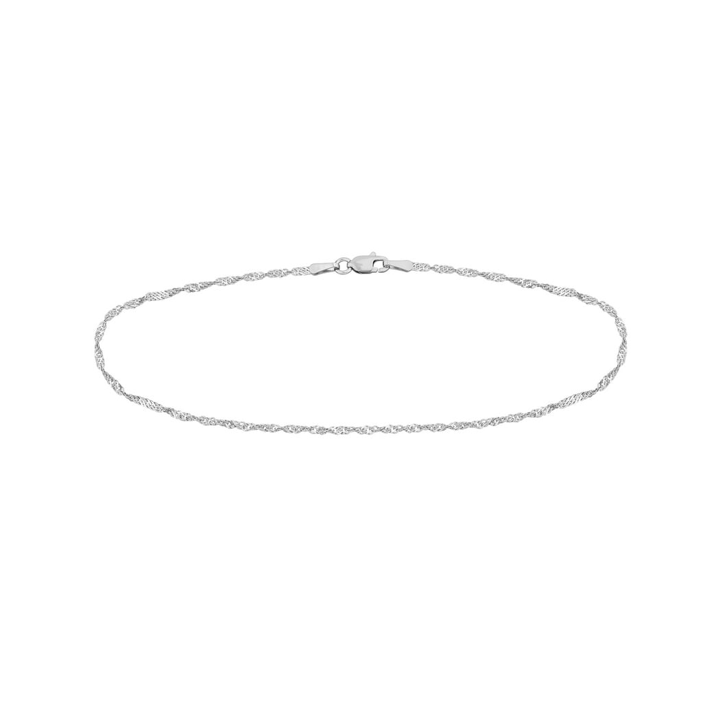 925 Sterling Silver Rhodium Plated 1.7mm Singapore Chain Ankle Bracelet ...