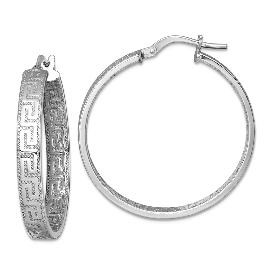 925 Sterling Silver Rhodium Plated Polished Textured Greek Key Hoop ...