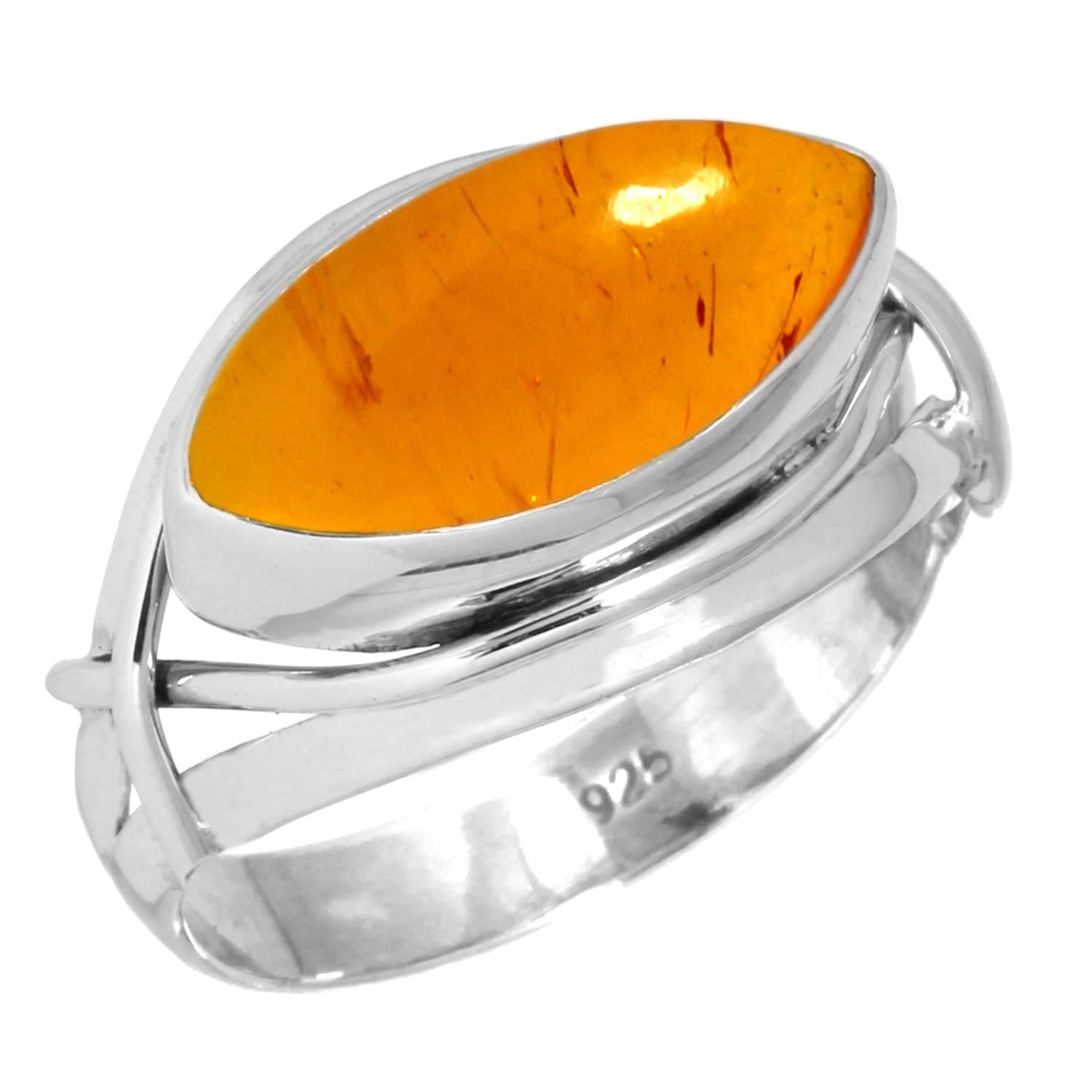 925 Sterling Silver Ring For Women - Teens Orange Amber Gemstone Silver ...